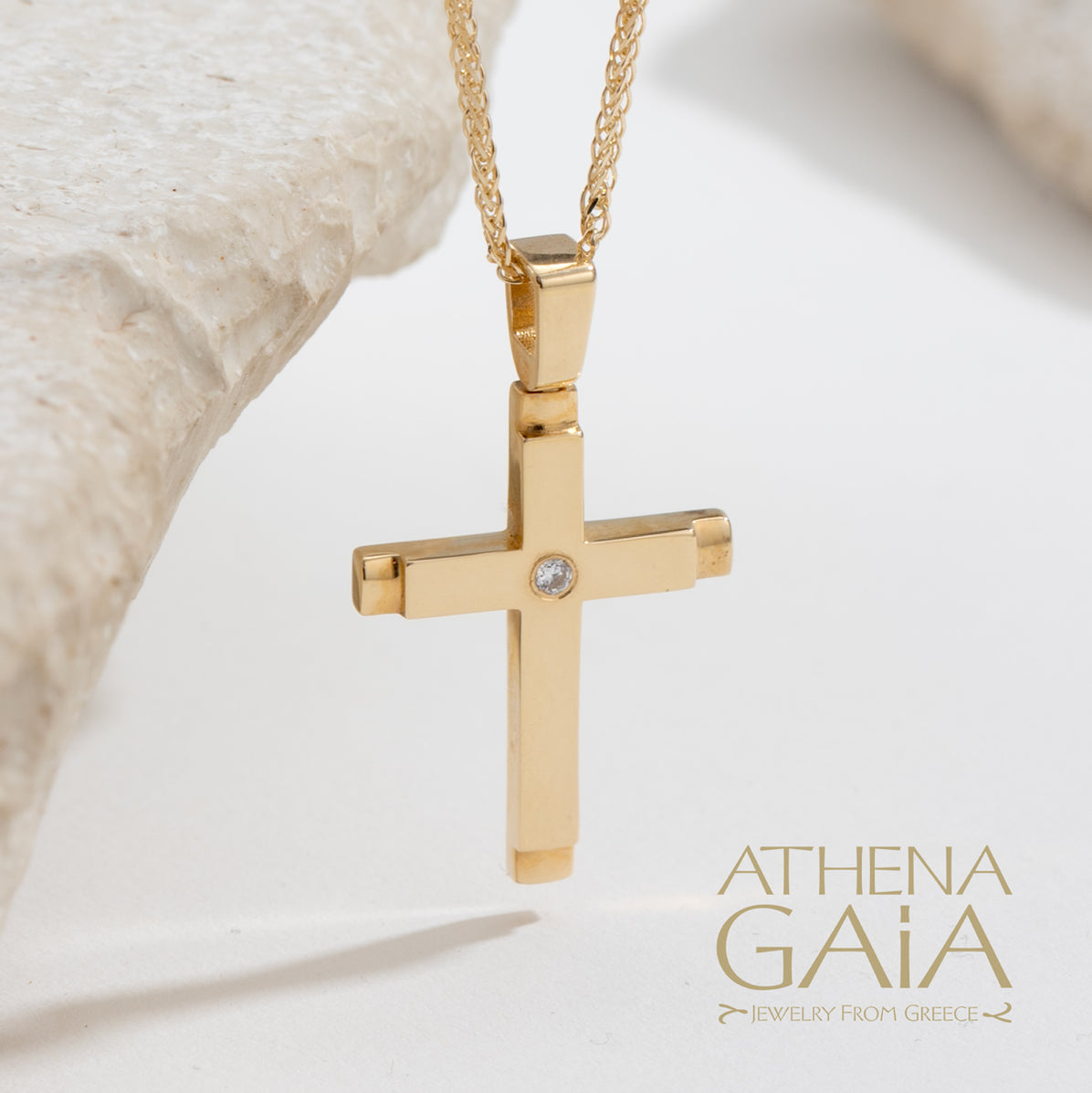 Single Stone Stepped Cross - 14k Gold - Latin Cross — Athena Gaia