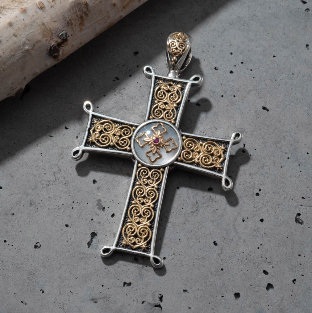 Aretousa Mother of Pearl & Ruby Latin Cross | 18K Gold & 925 Sterling ...