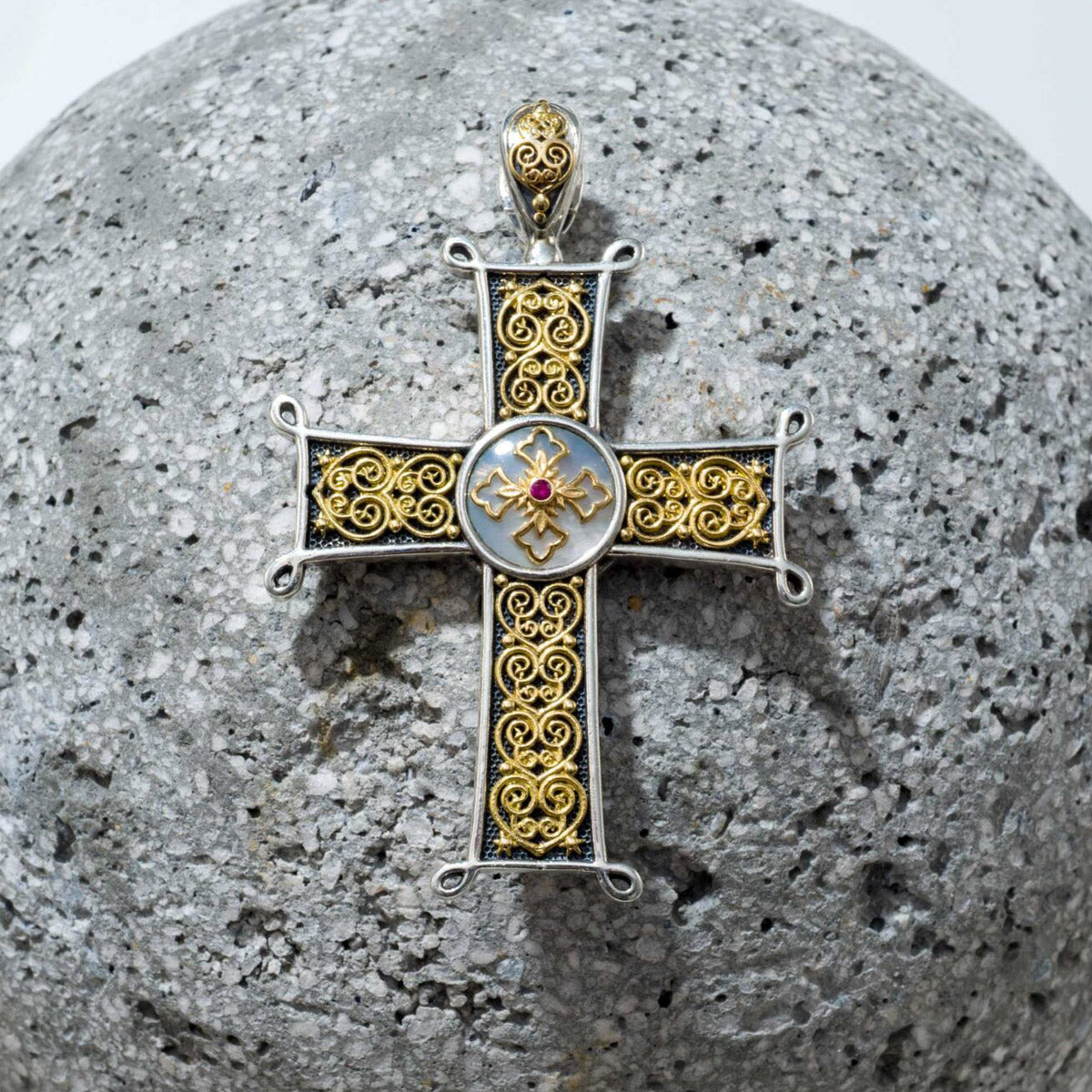 Aretousa Mother of Pearl & Ruby Latin Cross | 18K Gold & 925 Sterling ...