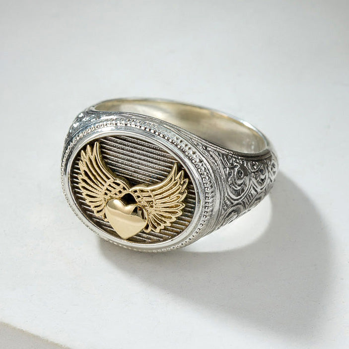 Golden Winged Heart Oval Ring - 18k Gold & Sterling Silver - Signet Ri ...
