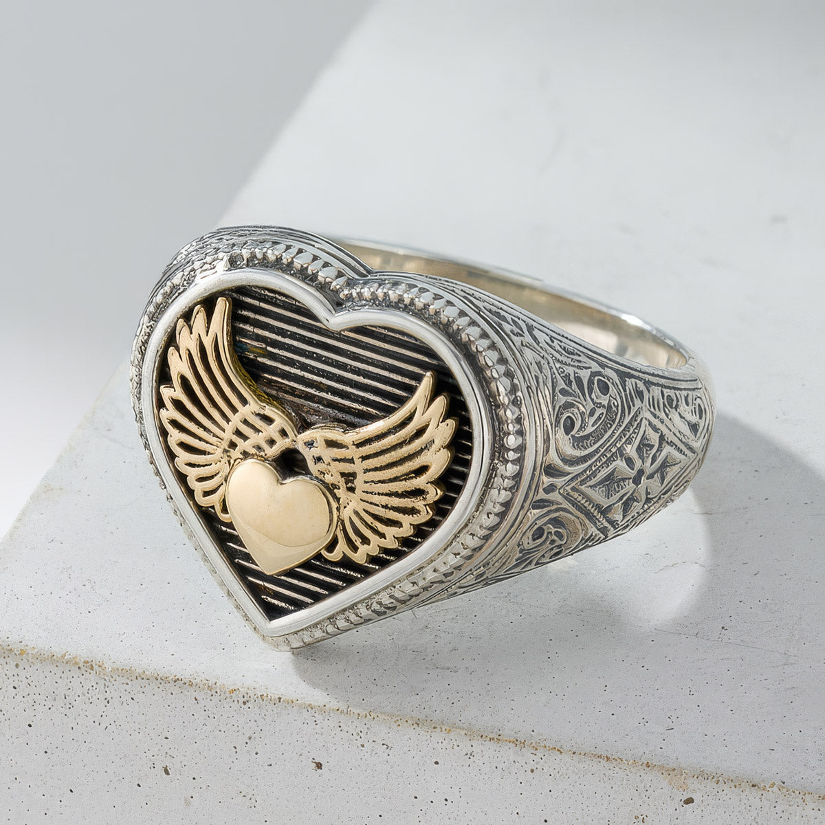 Winged Heart Ring - 18k Gold & Sterling Silver Ring - Signet Ring ...