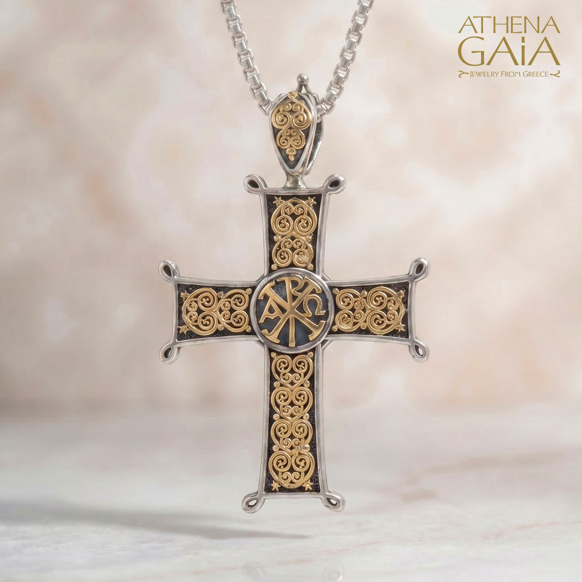 Aretousa Chi Rho Latin Cross (Medium) | 18K Gold & 925 Sterling Silver ...