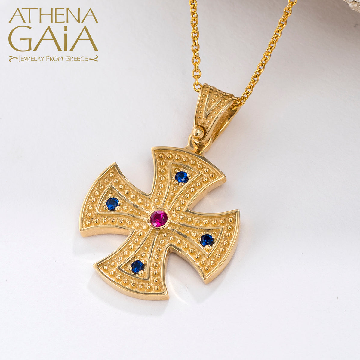 Beaded 5 Stone Maltese Cross - 14k Gold - Greek Cross — Athena Gaia