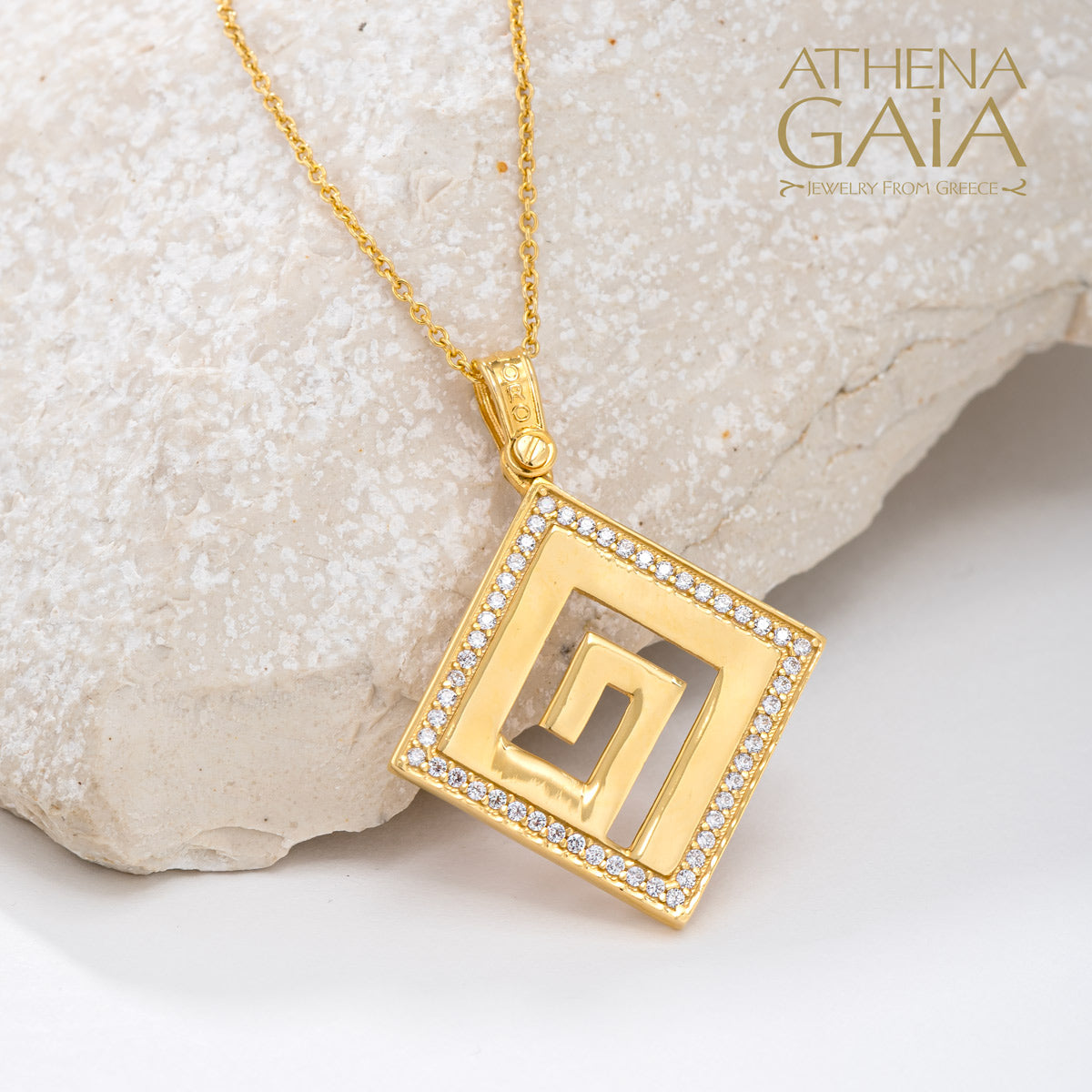 Greek Key Stone Border Pendant - 14k Gold Pendant — Athena Gaia