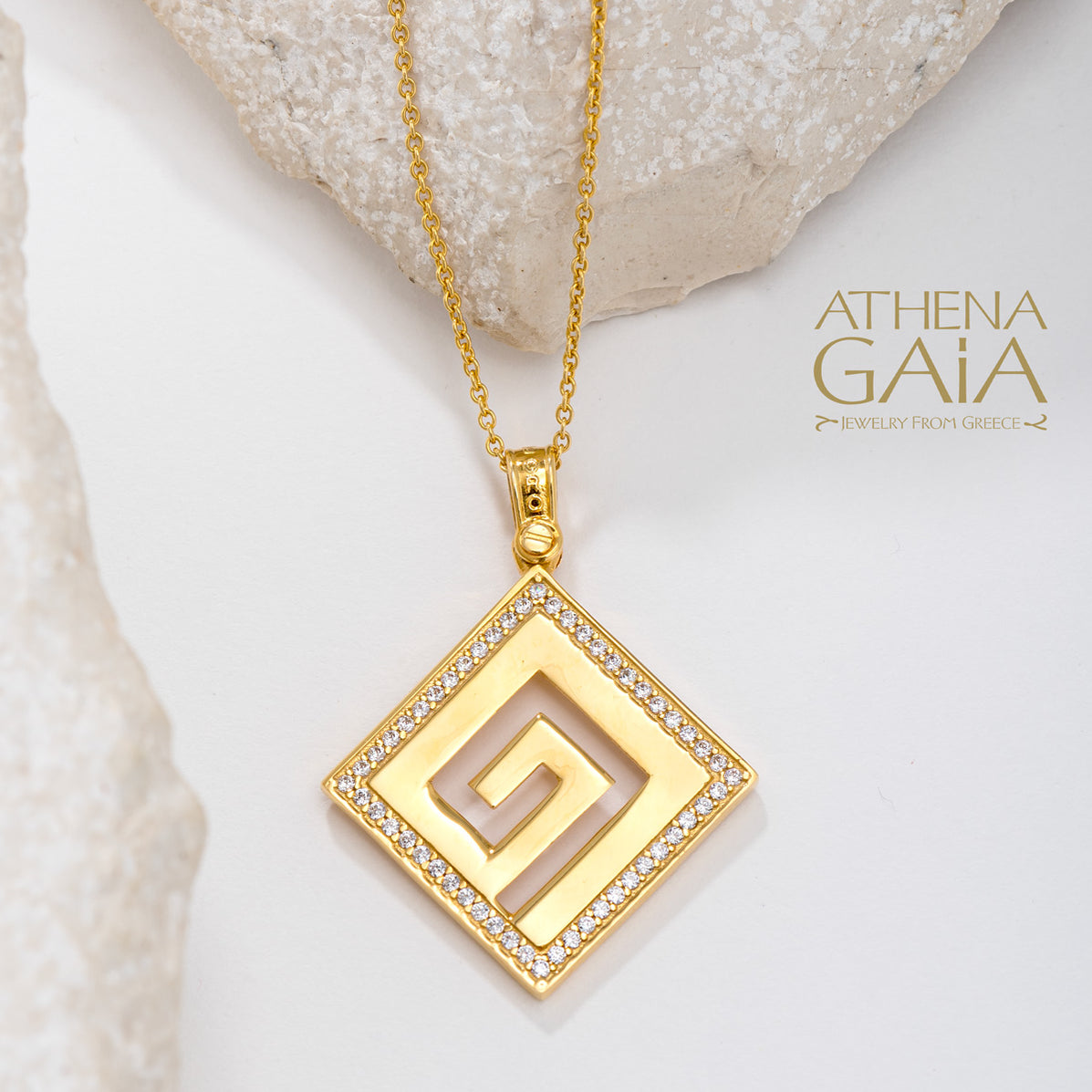 Greek Key Stone Border Pendant - 14k Gold Pendant — Athena Gaia