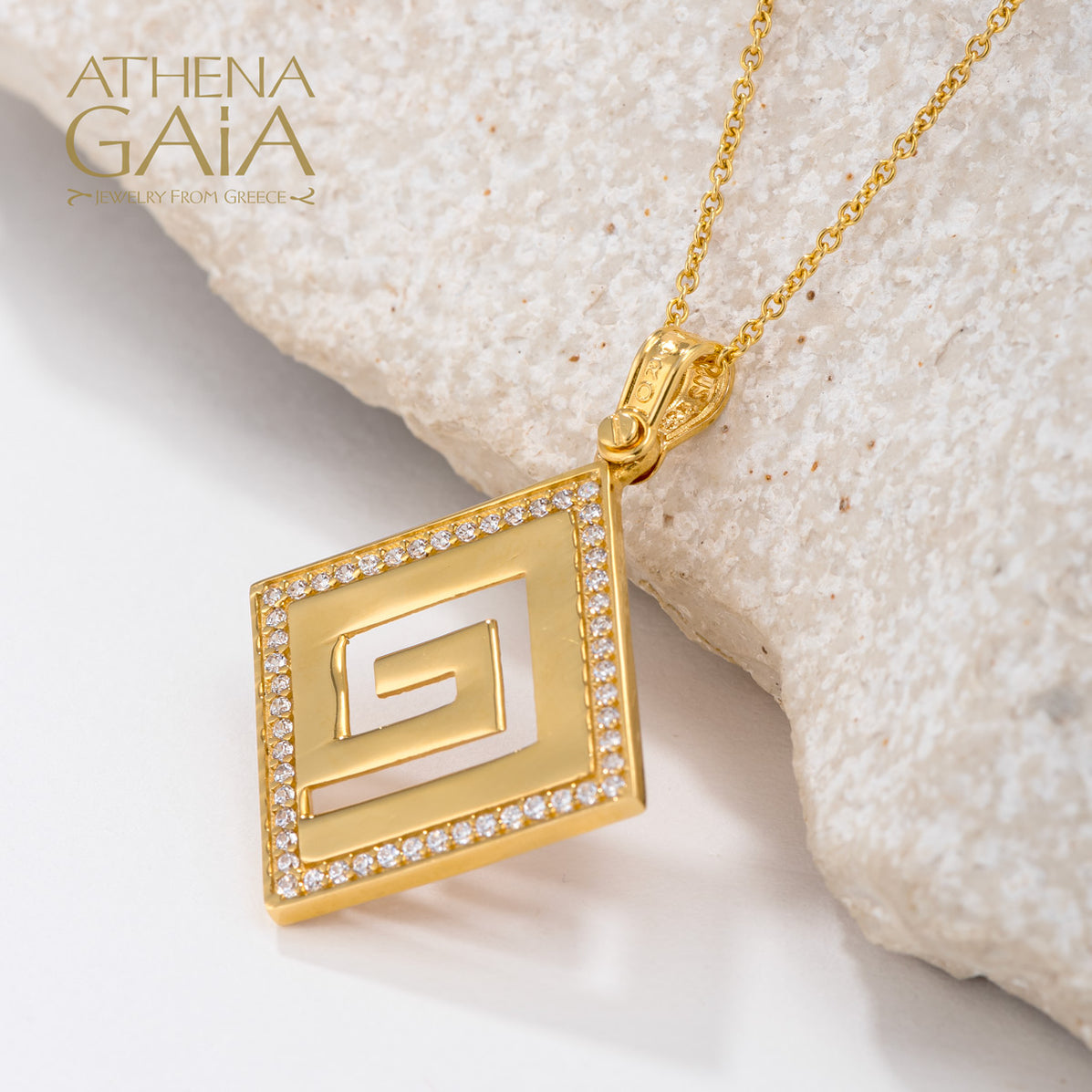 Greek Key Stone Border Pendant - 14k Gold Pendant — Athena Gaia