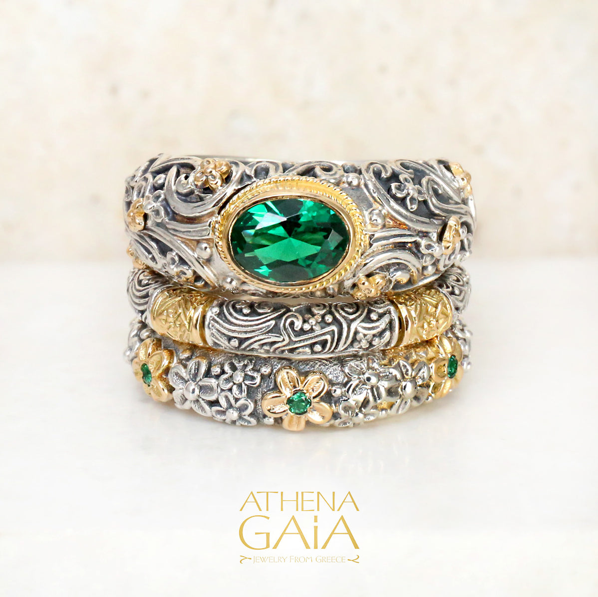 3-Ring Meadow Breeze Color Classic Triple Stack - 18k Gold & Sterling — Athena Gaia