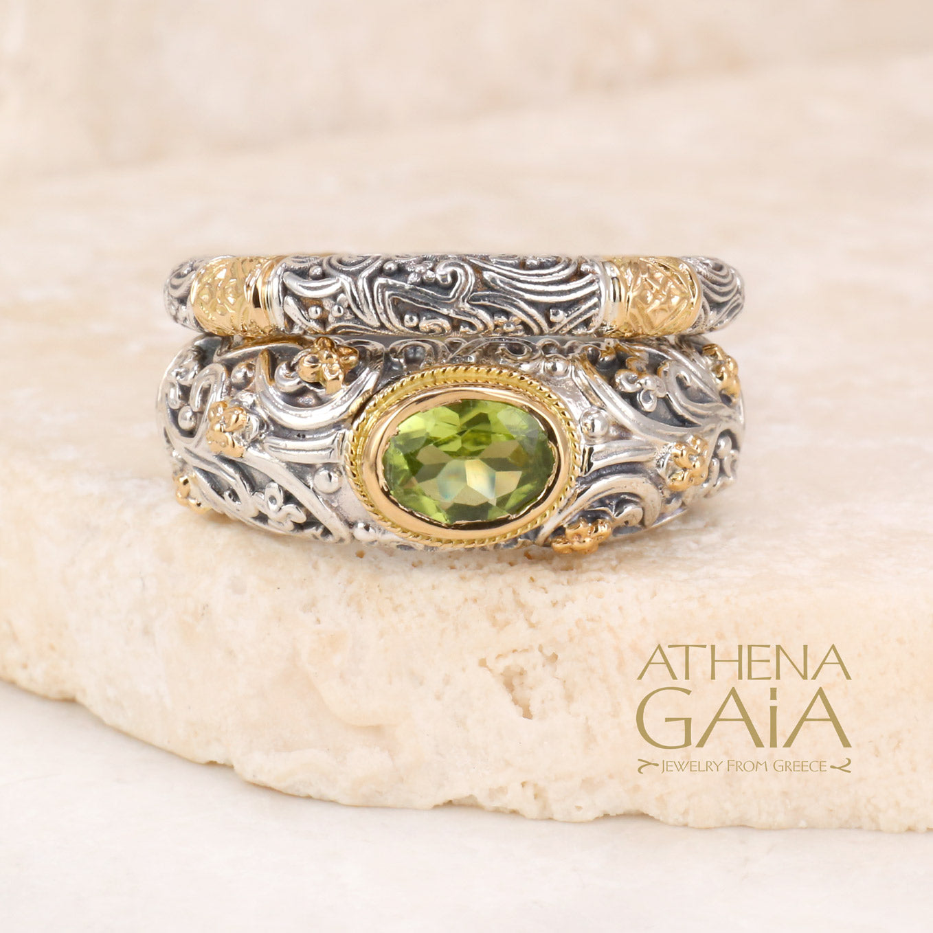 Meadow Breeze Large Stone Classic 2-Ring Stack - 18k Gold & Sterling S — Athena Gaia