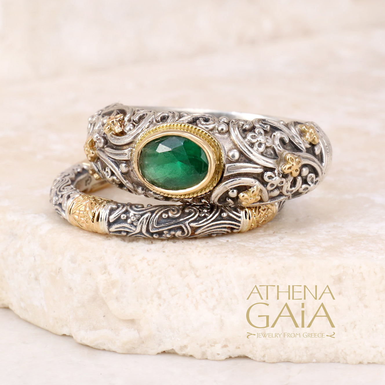 Meadow Breeze Large Stone Classic 2-Ring Stack - 18k Gold & Sterling S — Athena Gaia