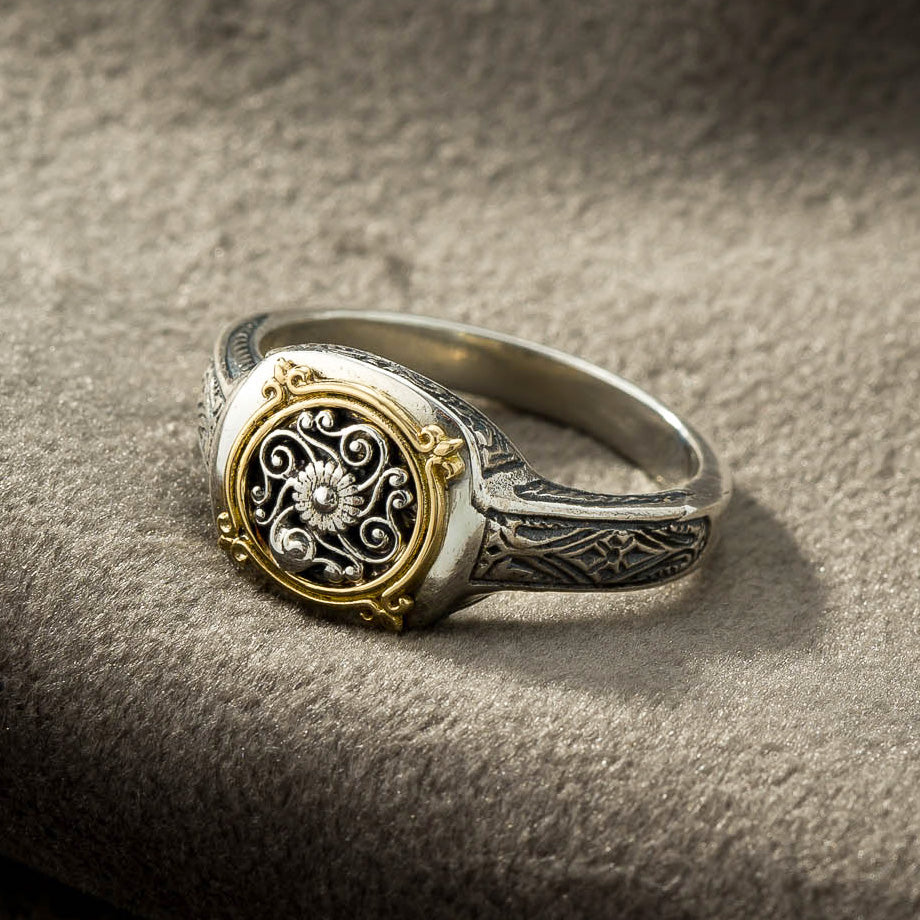 Alexander Filigree Ring - 18k Gold & Sterling Silver Ring - Signet Ring ...