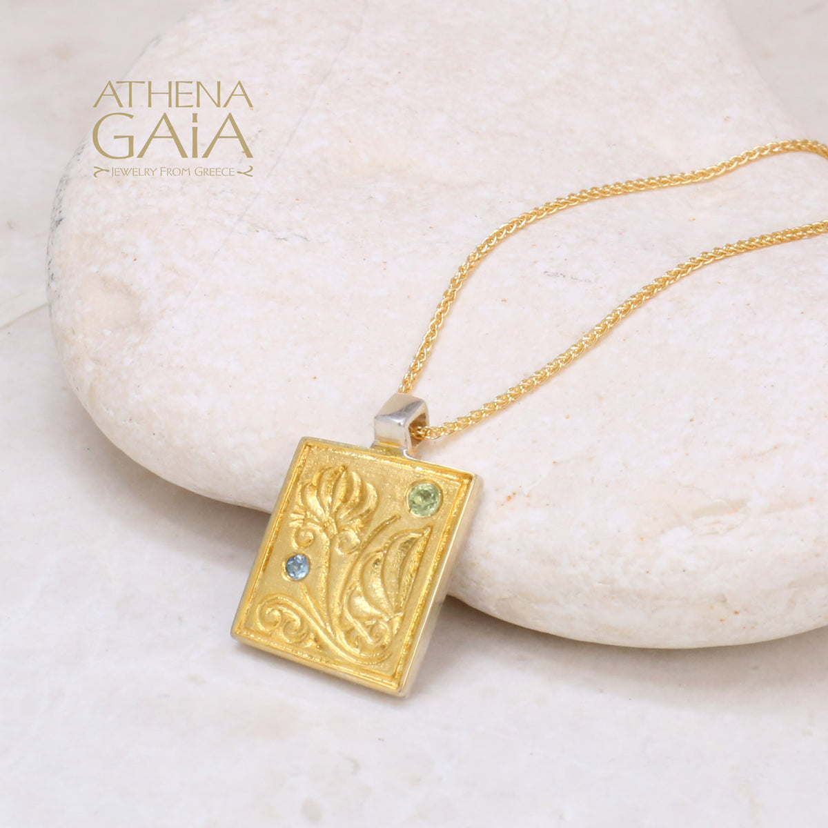 Anthemion Rectangular Pendant with Stones - 18k Gold & Sterling Silver ...