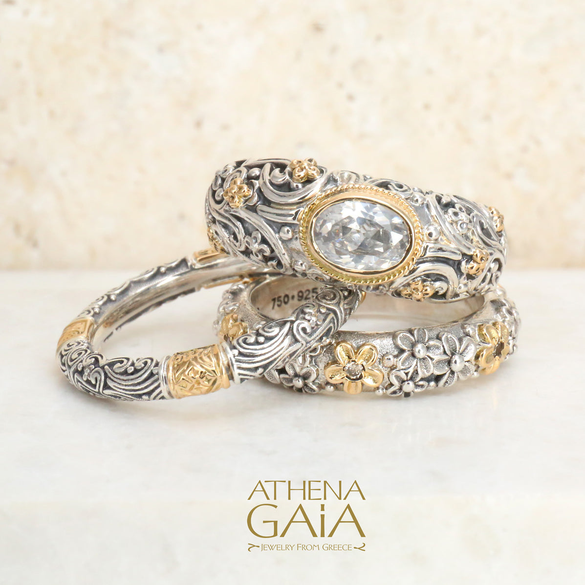 3-Ring Meadow Breeze Color Classic Triple Stack - 18k Gold & Sterling — Athena Gaia