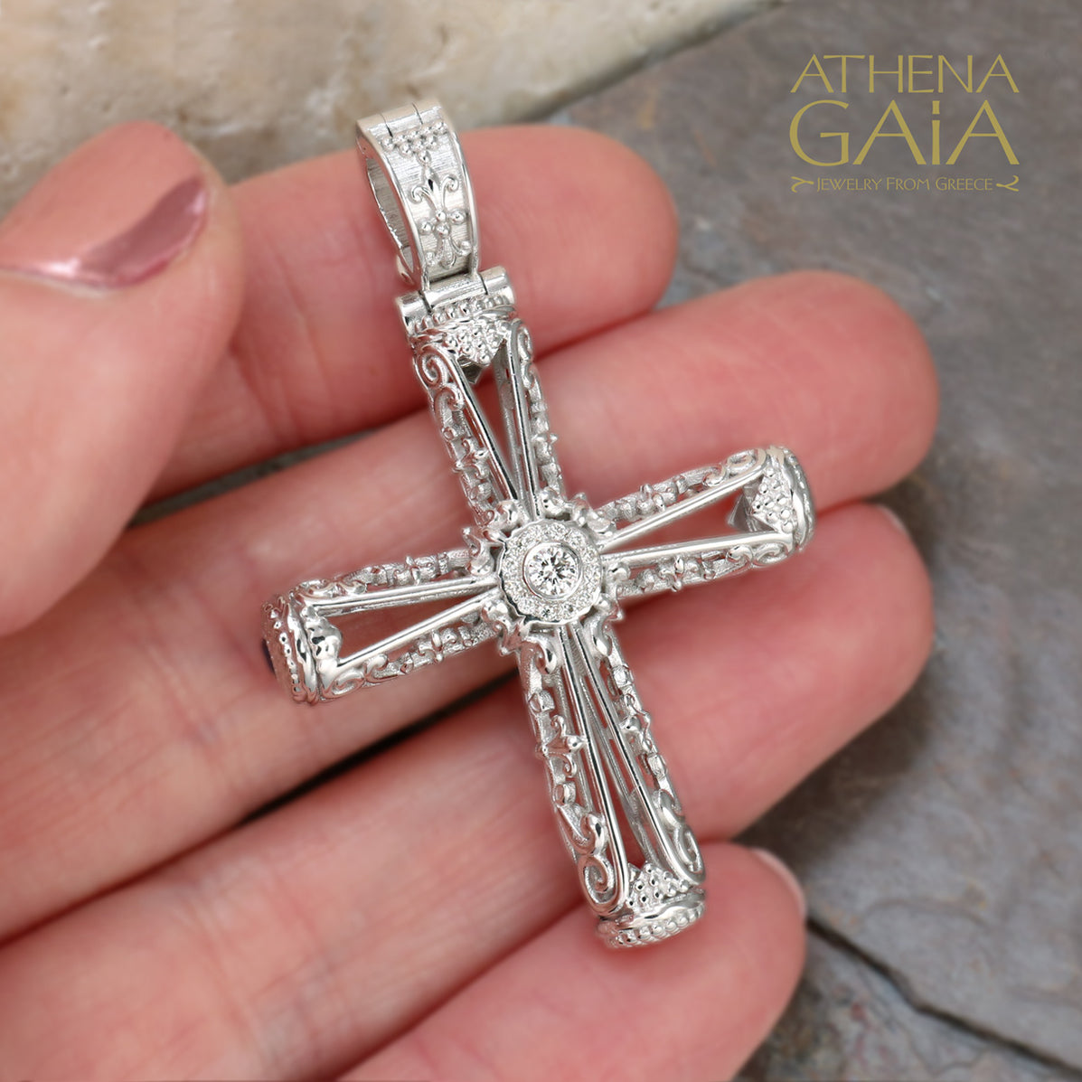 Diamond Halo Filigree Orthodox Cross (Large) - 18k Gold - Byzantine Cr ...