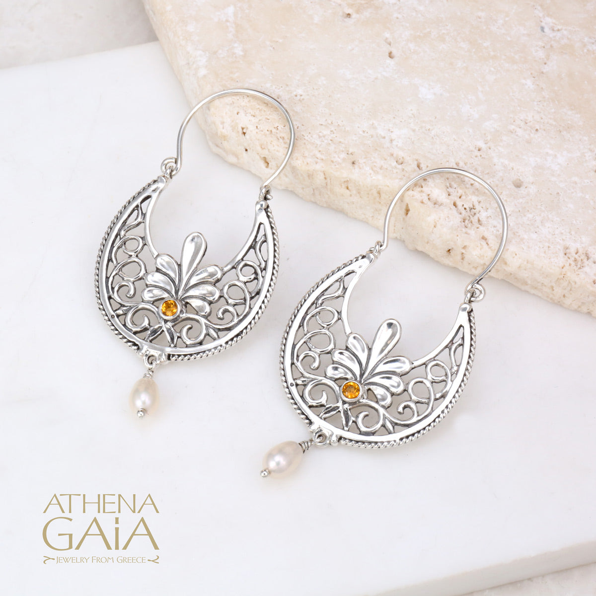 Anthemion Stone Drop Hoop Greek Earrings — Athena Gaia