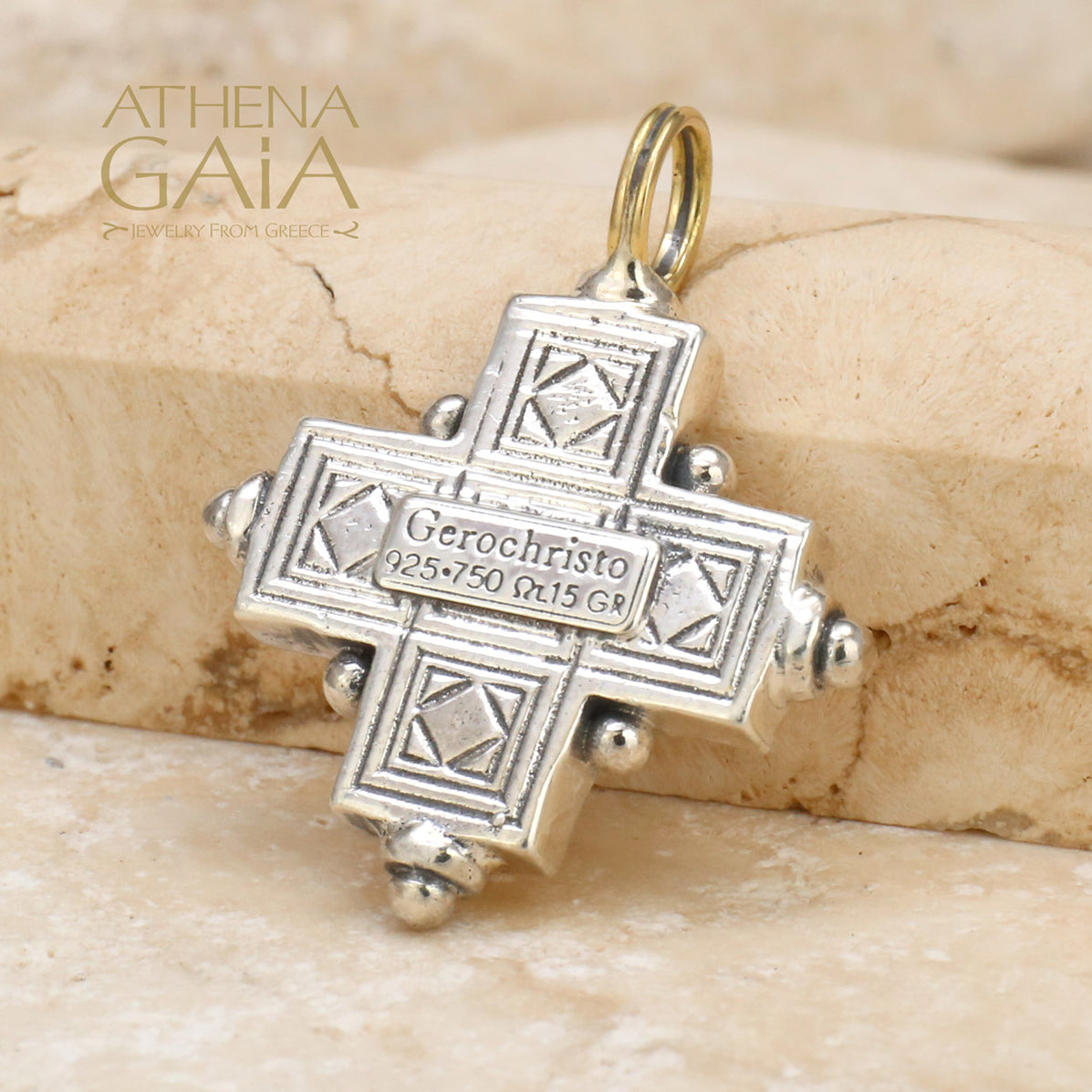 Rustic Stone Cross (Large) - 18k Gold & Sterling Silver - Greek Cross ...