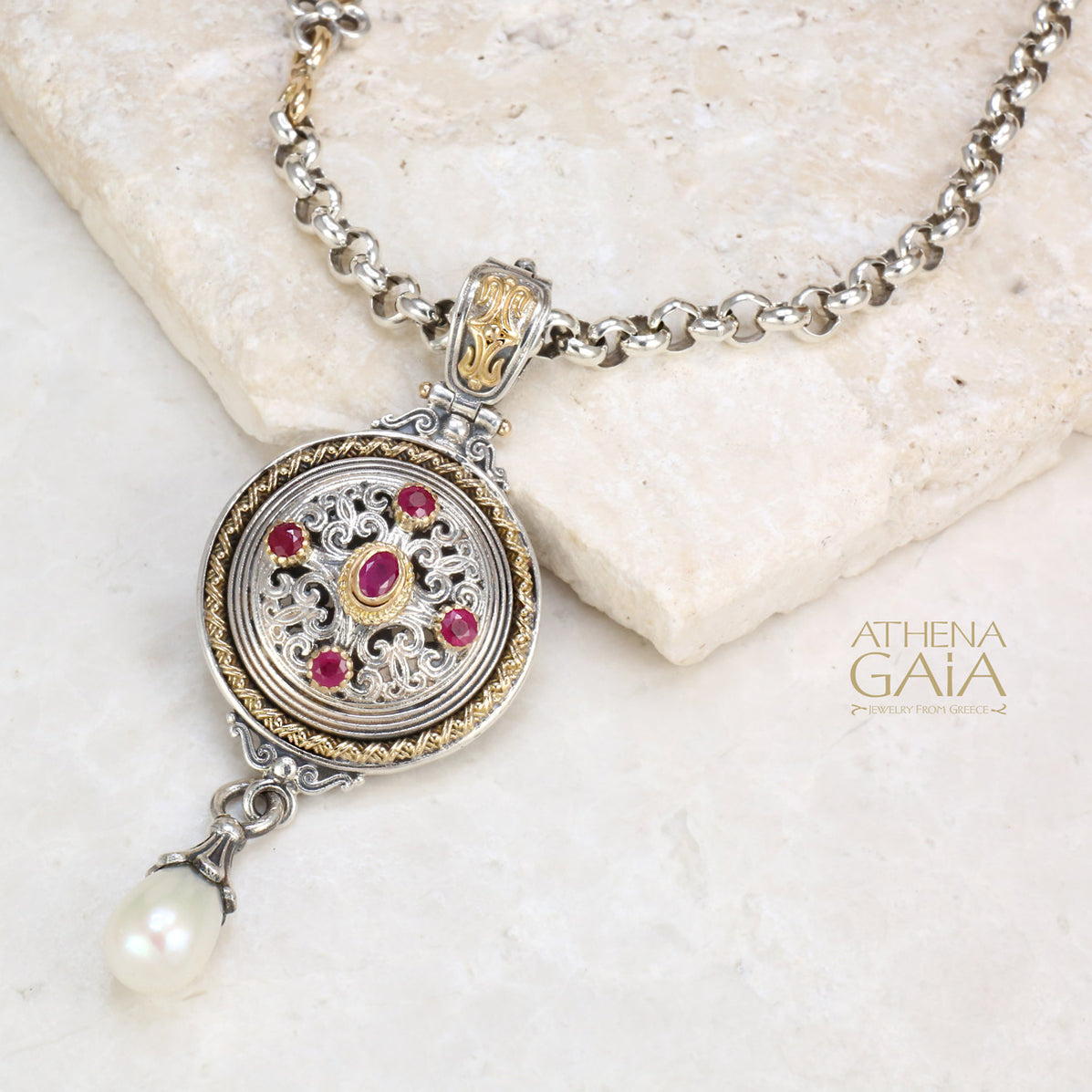 Nautical Cross Pearl Drop Circle Pendant - 18k Gold & Sterling Silver ...