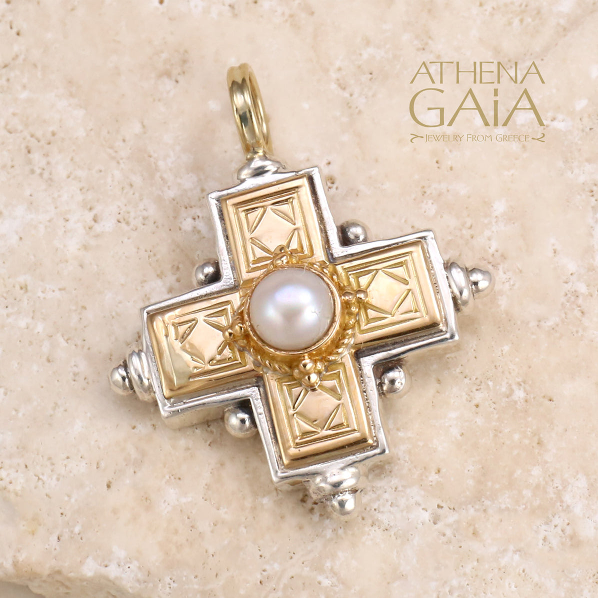 Rustic Stone Cross (Large) - 18k Gold & Sterling Silver - Greek Cross ...