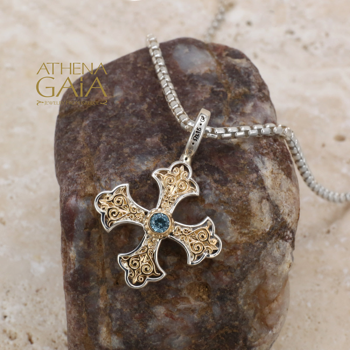 Aretousa Fleury Greek Cross with Stone (Small) - 18k Gold & Sterling S ...