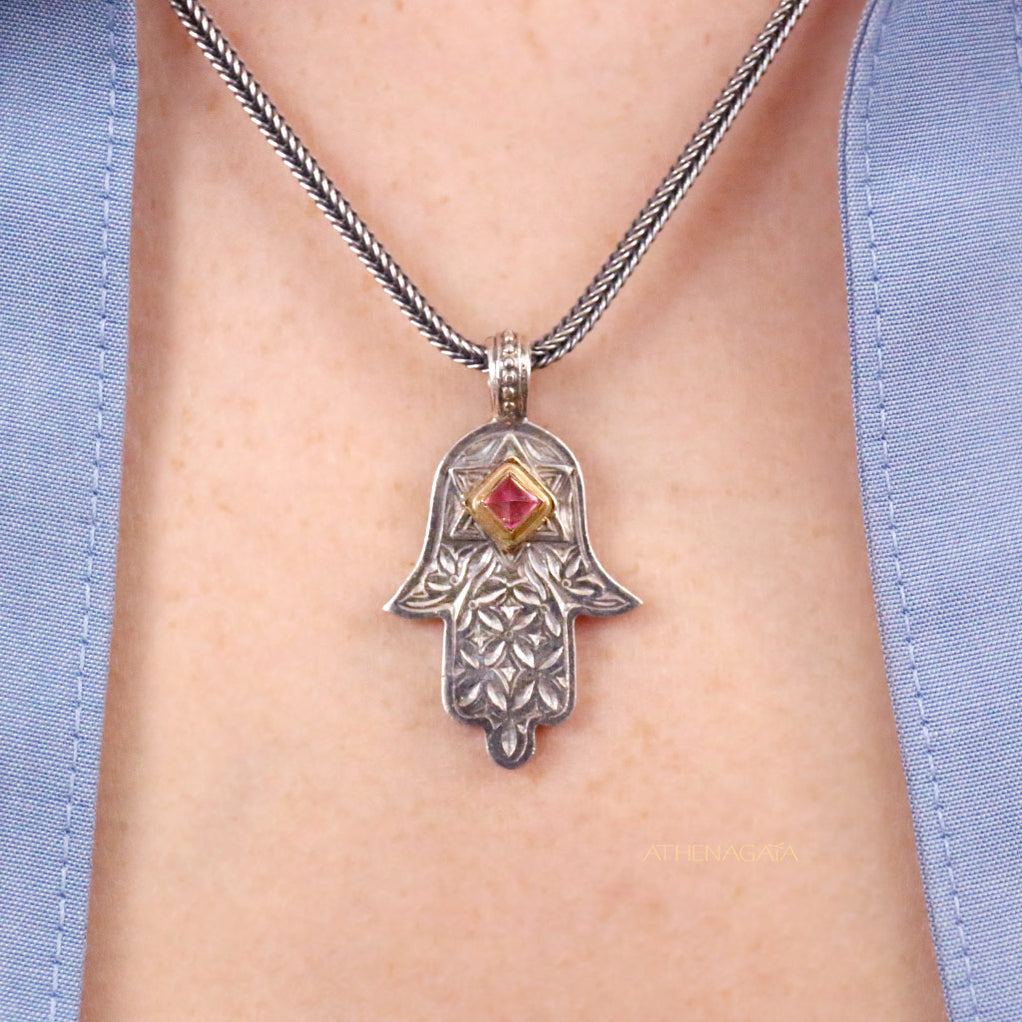 Hand of Fatima Pendant with Gemstone by Gerochristo — Athena Gaia