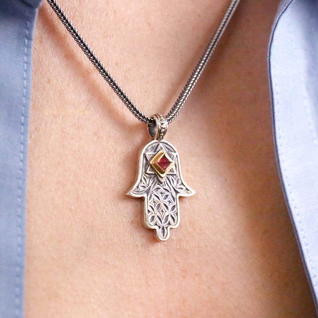 Hand of Fatima Pendant with Gemstone by Gerochristo — Athena Gaia