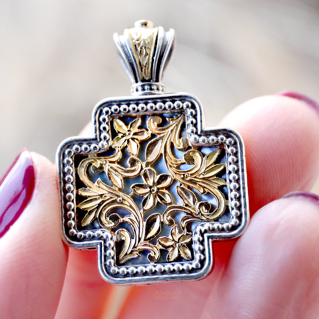 Floral Squared Greek Cross - 18k Gold & Sterling Silver - Orthodox Cro ...