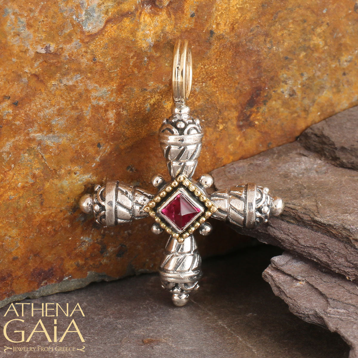 Mini Etched Pomme Cross - 18k Gold & Sterling Silver - Greek Cross Nec ...