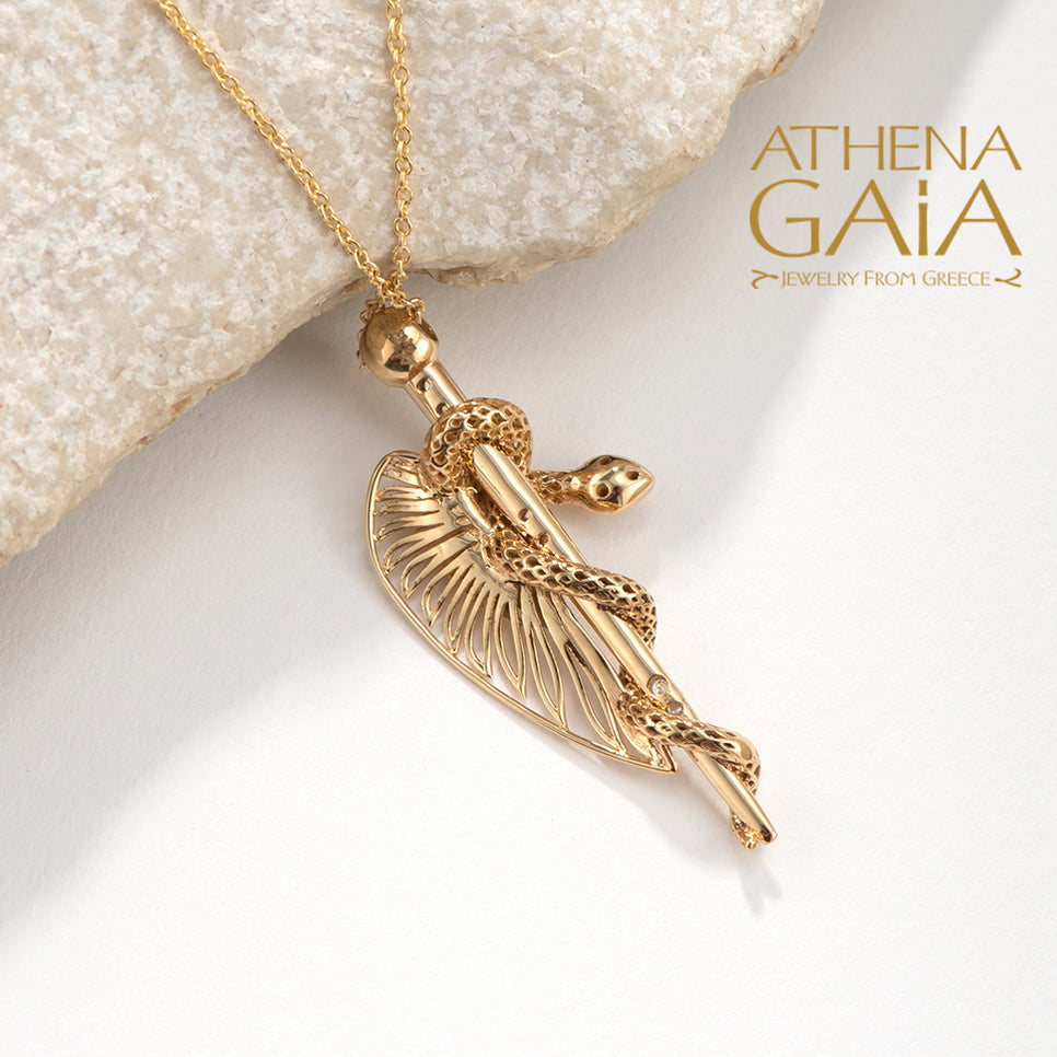 Olympian Hermes Caduceus Pendant Necklace - 18k Gold Necklace — Athena Gaia