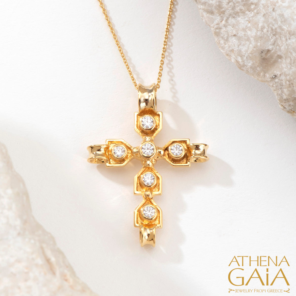 Diamond Row Latin Cross (Small) - 18k Gold - Byzantine Cross — Athena Gaia