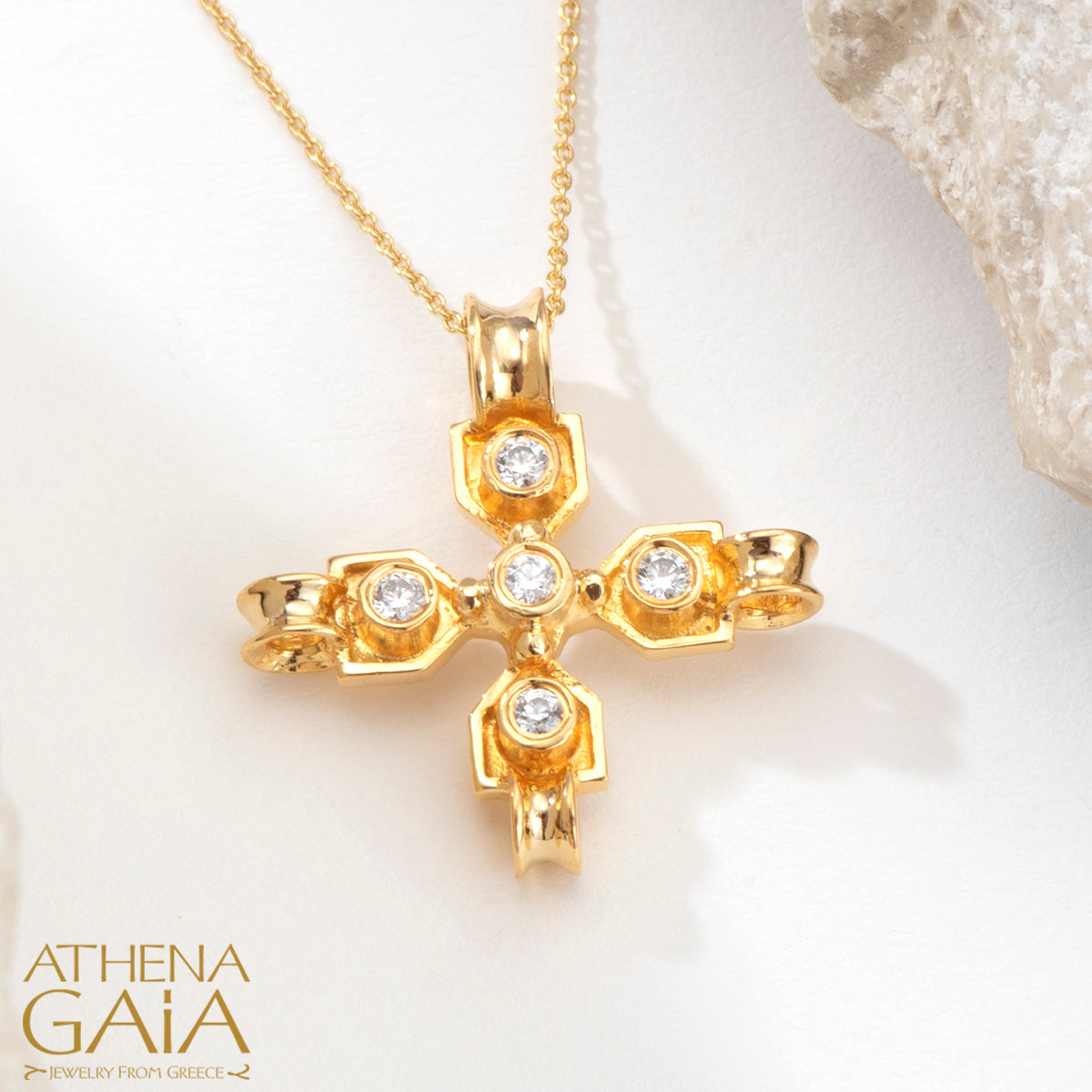 Diamond Row Greek Cross (Small) - 18k Gold - Byzantine Cross — Athena Gaia