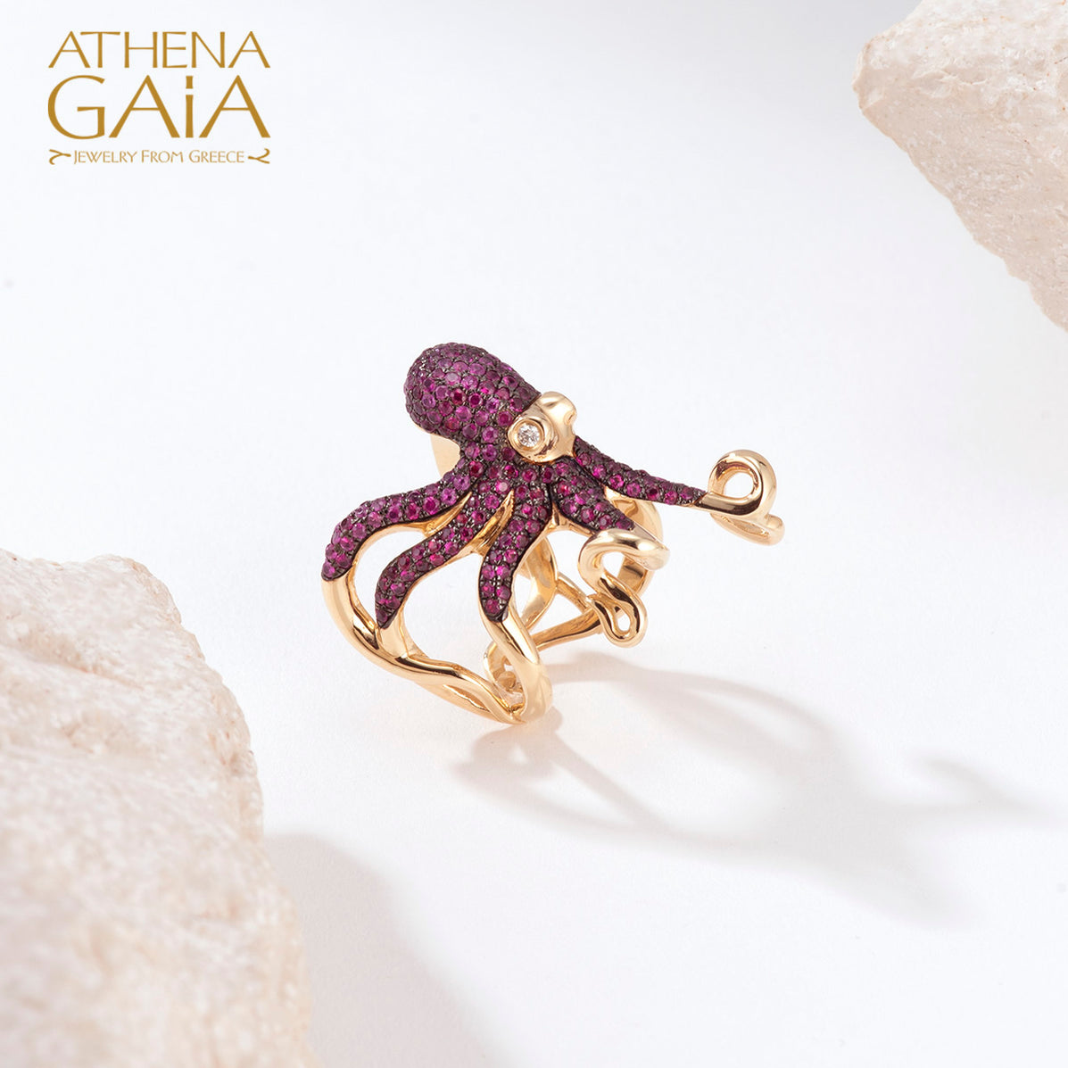 Aegean Sea Ruby and Diamond Octopus Ring - 18k Gold Ring - Cocktail Ri — Athena Gaia