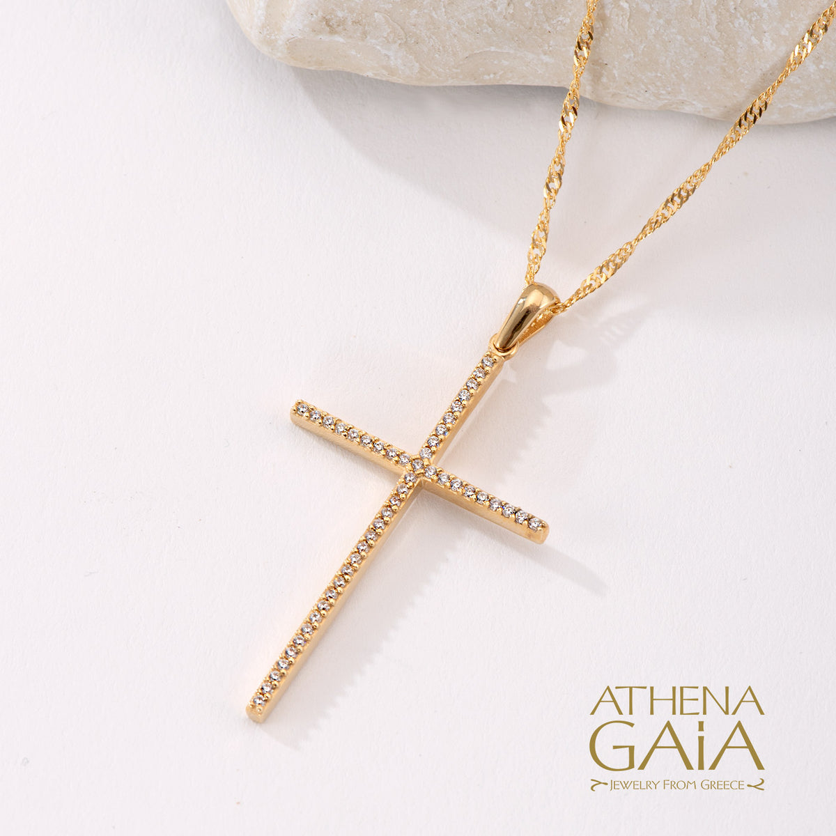 Long Pave Cross - 14k Gold - Latin Baptismal Cross — Athena Gaia