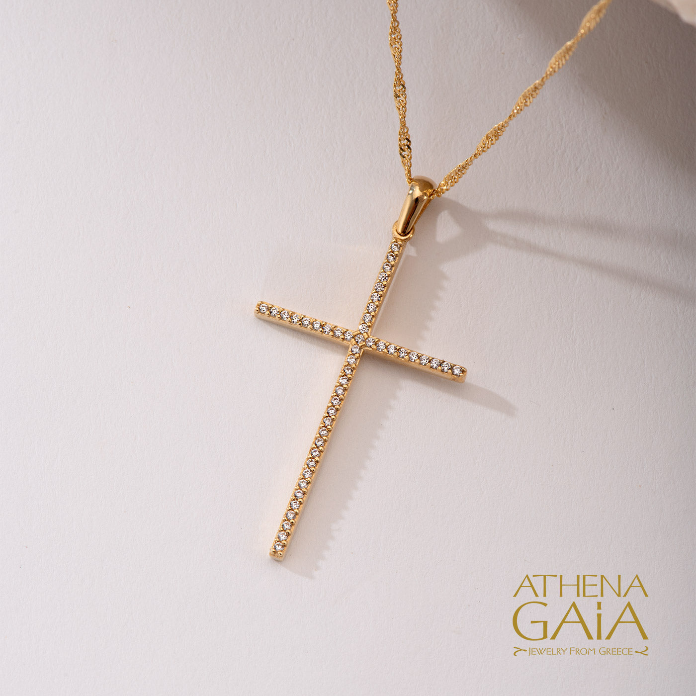 Long Pave Cross - 14k Gold - Latin Baptismal Cross — Athena Gaia