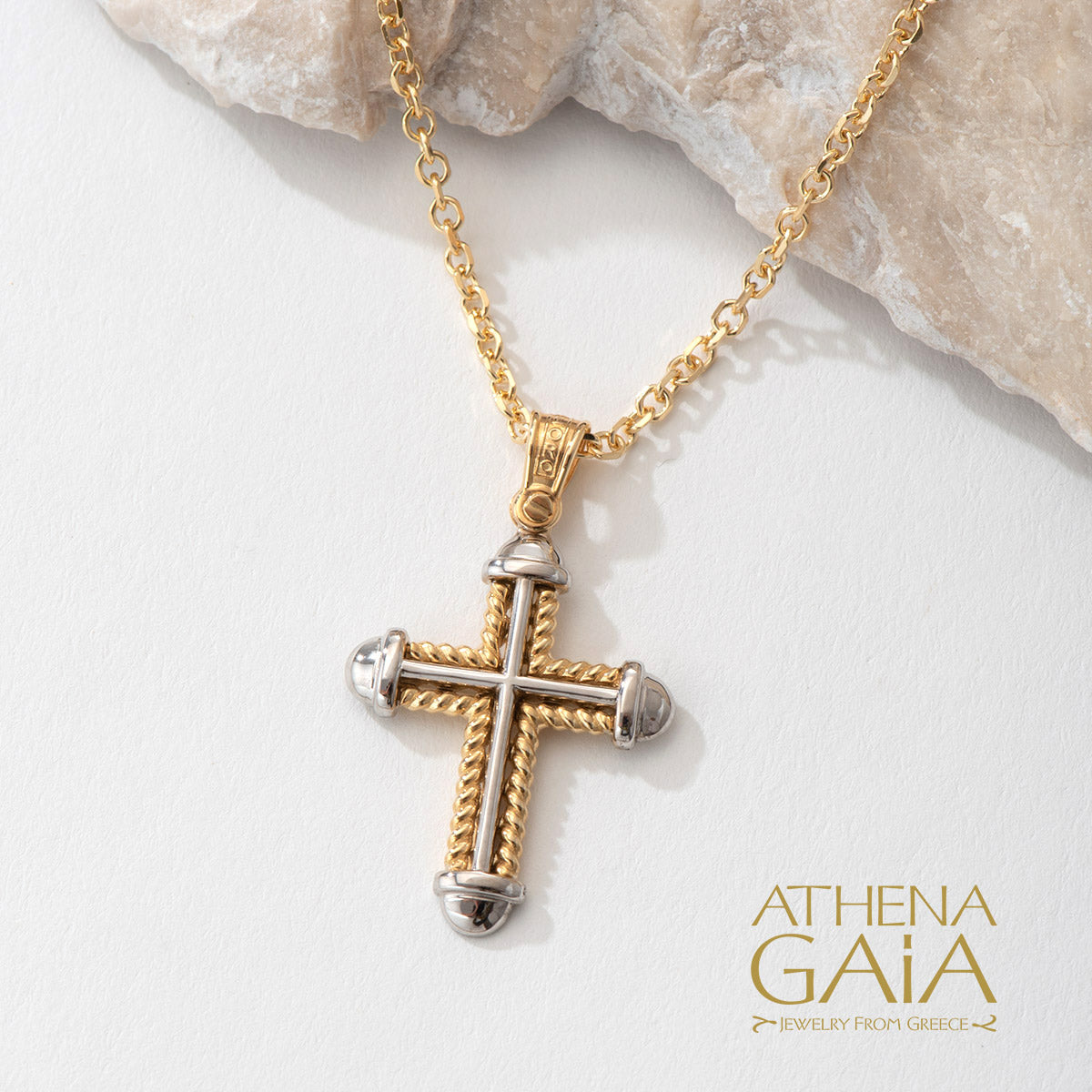 Two-Toned Rope Border Cross - 14k Gold - Latin Cross — Athena Gaia