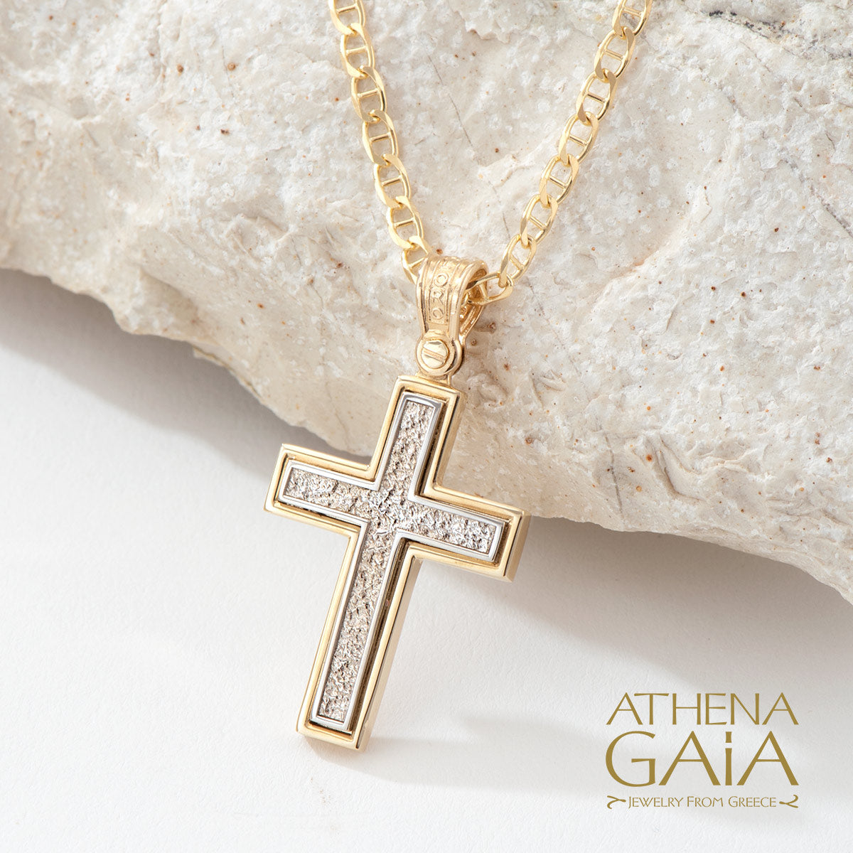 Rock Face Two-Toned Latin Cross - 14k Gold - Baptismal Cross — Athena Gaia
