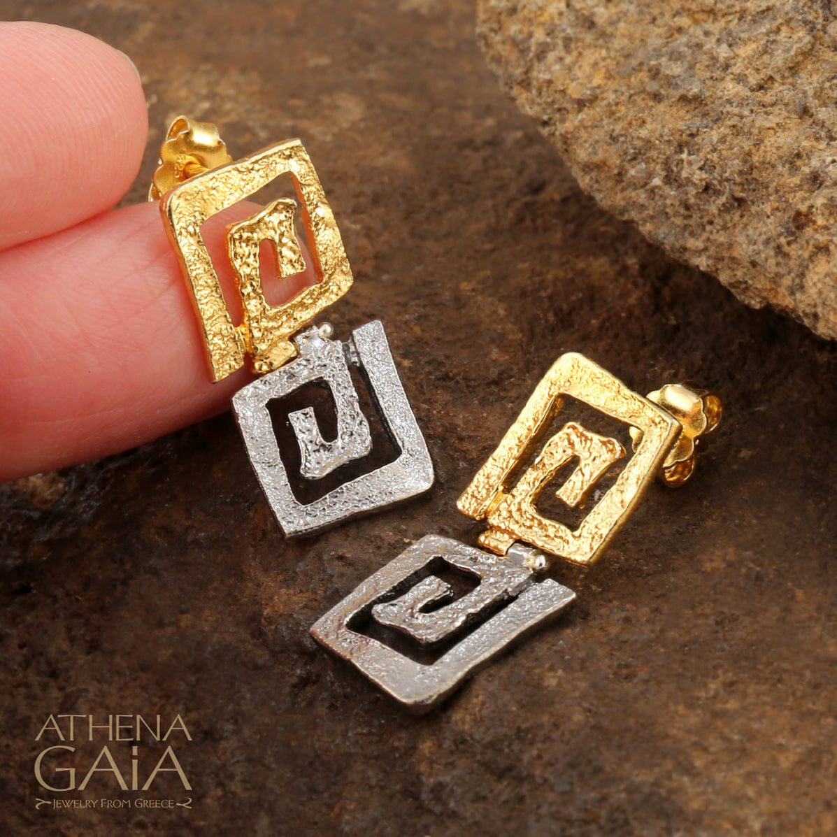 Double Greek Key Earrings - Gold Plated Sterling Silver Earrings ...