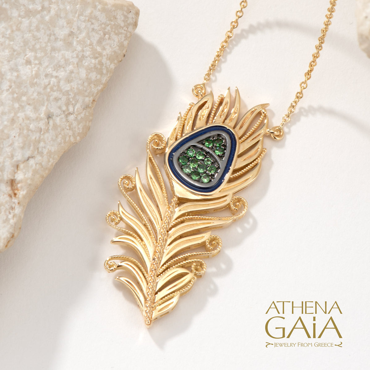 Olympian Hera Peacock Feather Pendant Necklace - 18k Gold Necklace ...