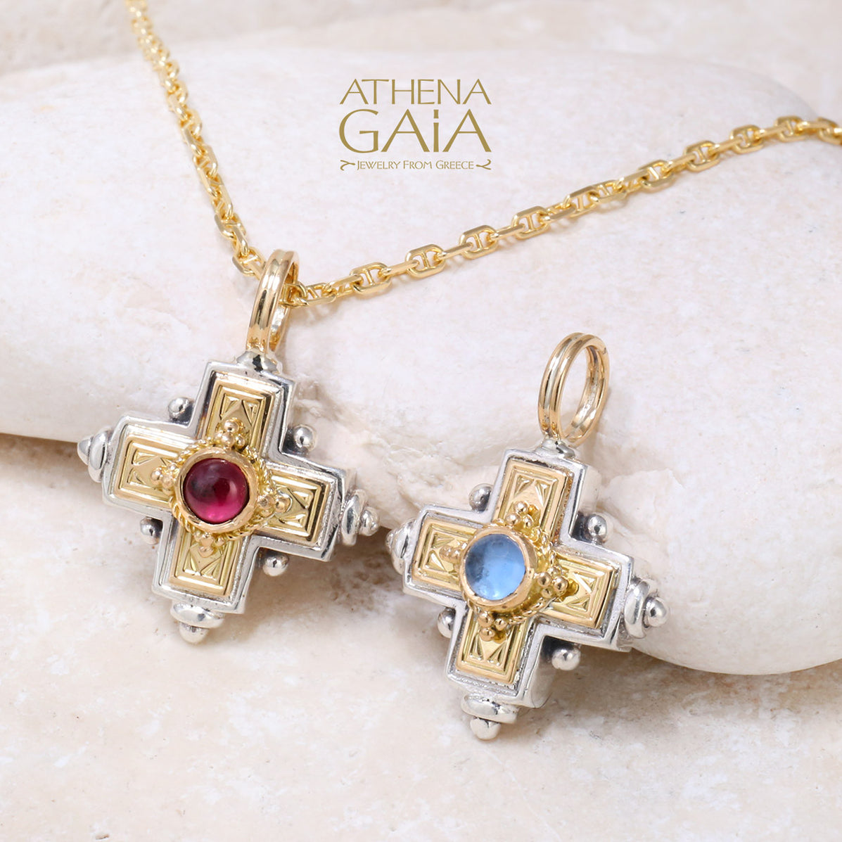 Small Rustic Gold Greek Cross with Stone by Gerochristo — Athena Gaia