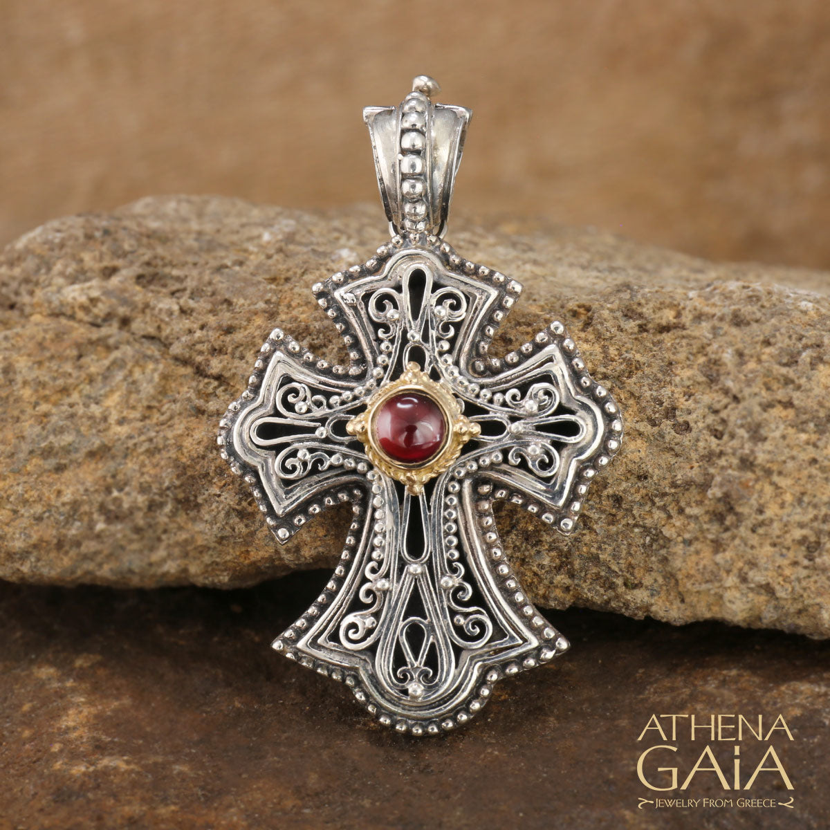 Silver Filigree Gemstone Flared Cross by Gerochristo — Athena Gaia