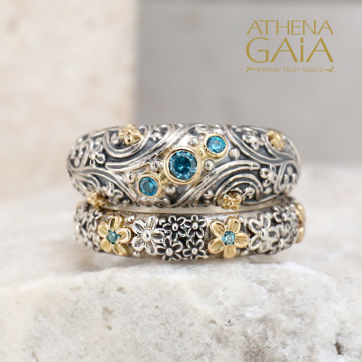 Meadow Breeze Stone Path Floral Band Ring - 18k Gold & Sterling Silver Ring - Stackable Ring by ...