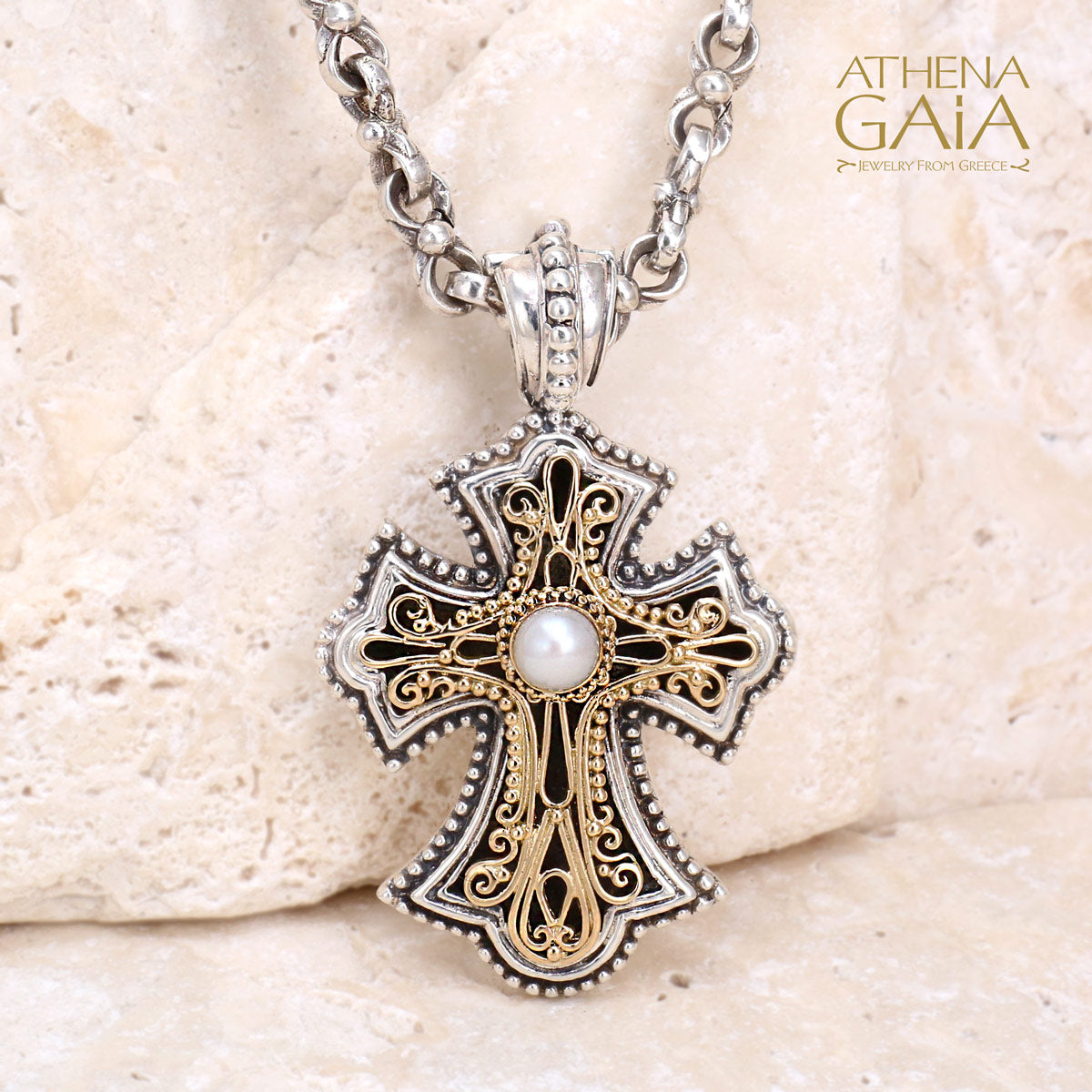 Filigree Gemstone Flared Cross with a Pearl by Gerochristo — Athena Gaia