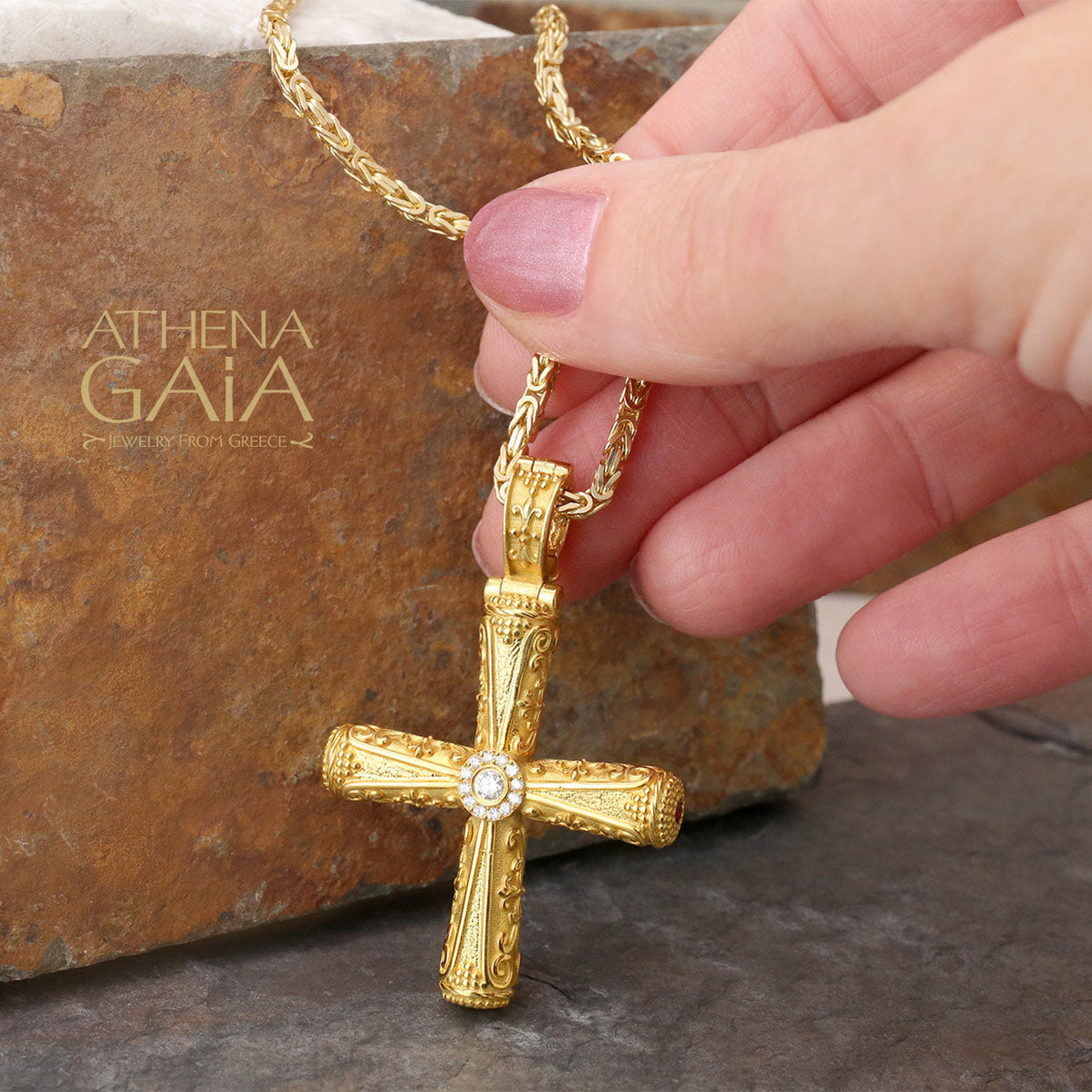 Diamond Halo Orthodox Cross (Large) - 18k Gold - Byzantine Cross ...