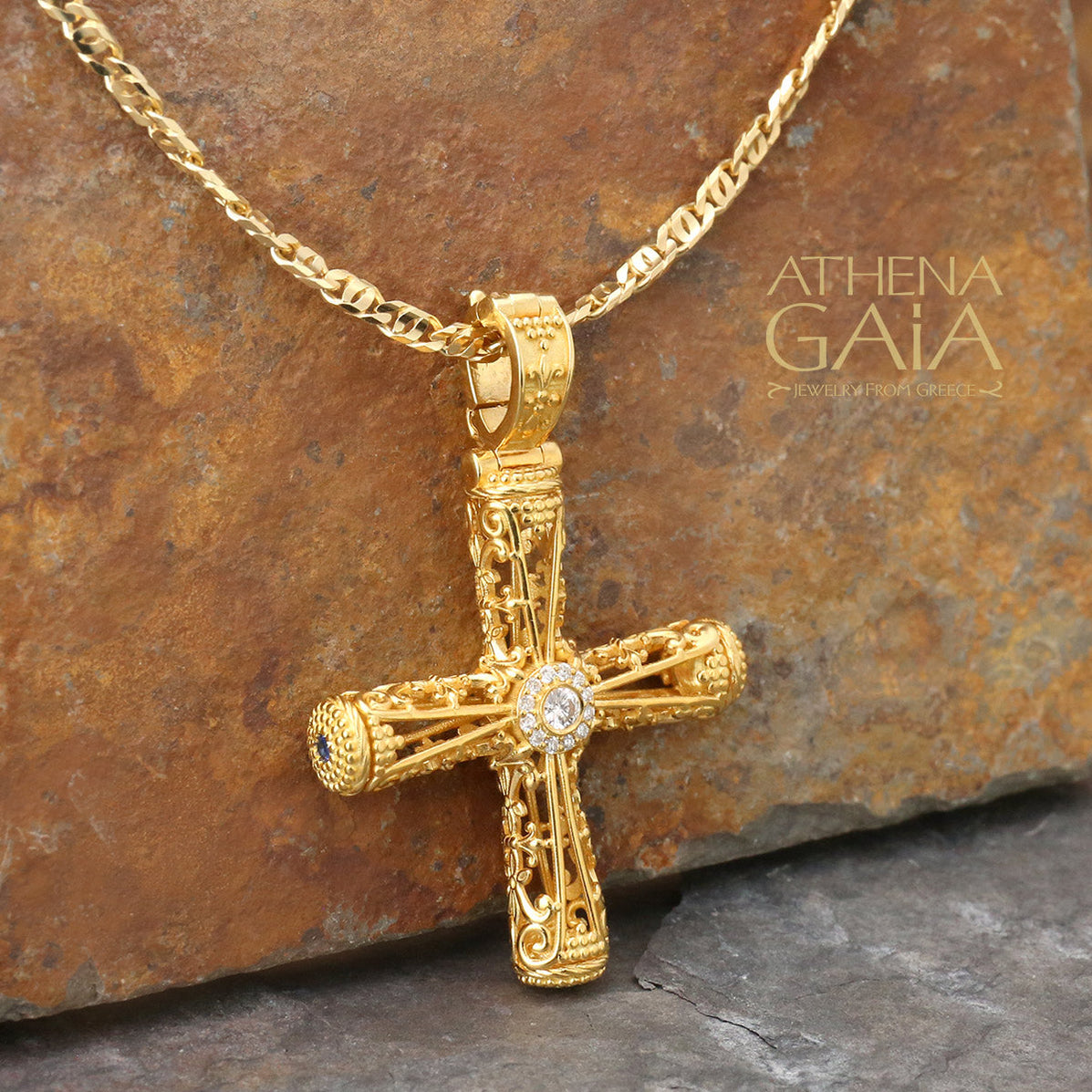 Diamond Halo Filigree Orthodox Cross (Large) - 18k Gold - Byzantine Cr ...