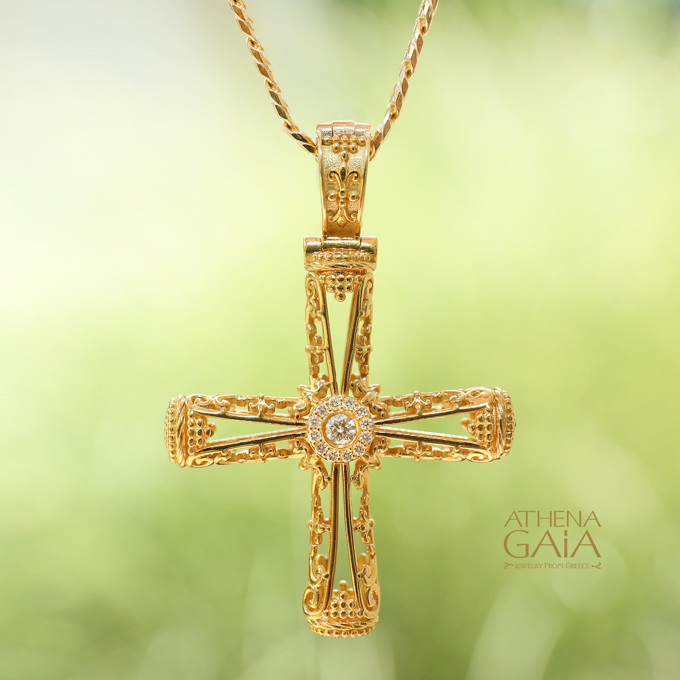 Diamond Halo Filigree Orthodox Cross (Large) - 18k Gold - Byzantine Cr ...